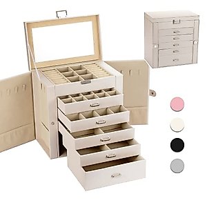 Large Jewelry Box Organizer Mirrored for Women 6 Layers Jewelery Orgainise Boxes with PU Leather,Tall White Black Jewellery Organize for Gift