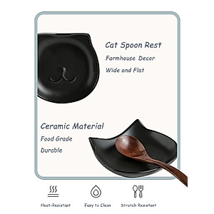 Miamolo Spoon Rest for Stove Top, 5.12 Inches Ceramic Spoon Holder for Kitchen Counter, Cat Cooking Utensil Rest for Spatula Spoons Ladles, Farmhouse Kitchen Decor, Black