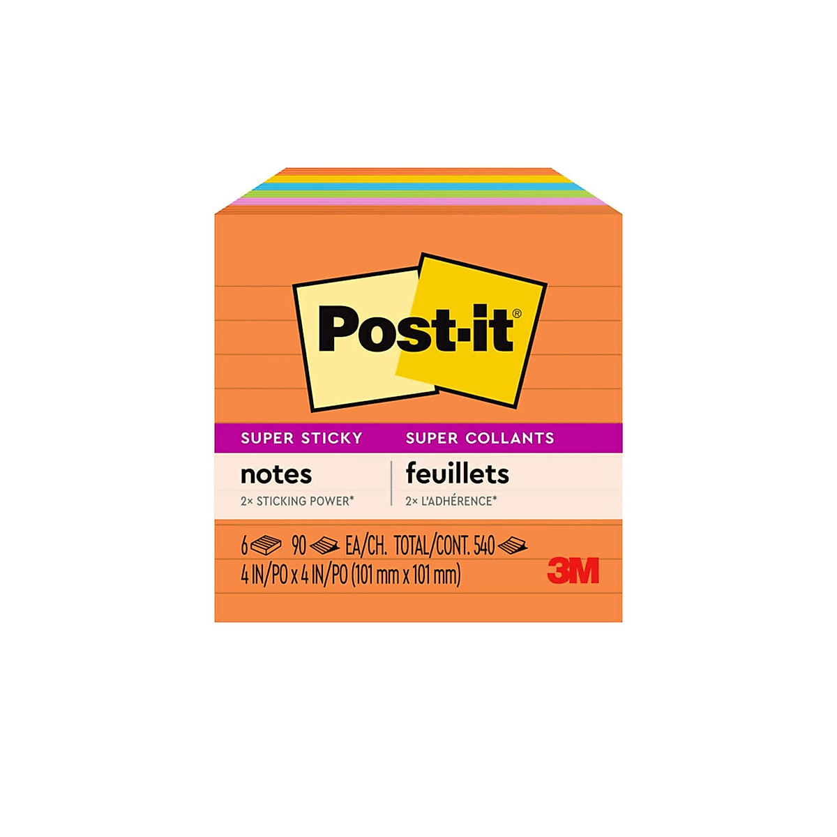 Post-it Super Sticky Notes, 4 in x 4 in, 6 Pads, 2x the Sticking Power, Energy Boost Collection, Bright Colors, Recyclable (675-6SSUC)