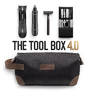 MANSCAPED® The Tool Box 4.0 Contains: The Lawn Mower™ 4.0 Electric Trimmer, The Weed Whacker™ 1.0 Nose and Ear Hair Trimmer, The Plow™ 2.0, The Shears™ Four Piece Nail Kit, The Shed™ Toiletry Bag