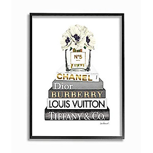 Stupell Industries Blooming White Floral Display on Glam Designer Bookstack Wall Art, 11 x 14, Black Framed