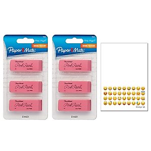 Paper Mate Pink Pearl Erasers, Medium, 6 Count, Bundle with Emoji Printed Notepad from Advantage Gifts