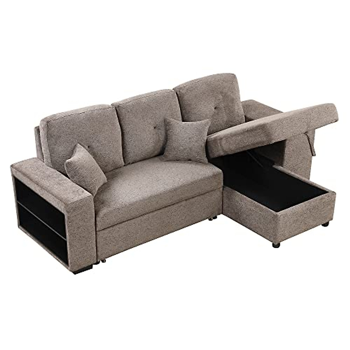 Eafurn 95" Reversible Sectional Chaise and Storage Shelves,Velvet Pull Bed w/Stools and 2 Tossing Cushions,3 Seat Sleeper L-Shape Corner Sofa & Couches for Living Room, Knox Charcoal