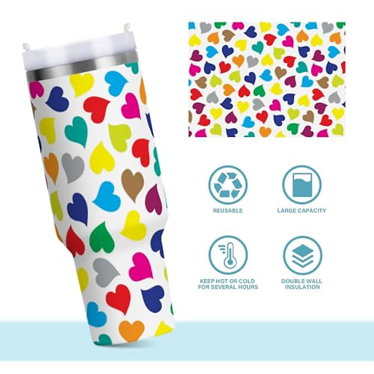 MCHIVER Colorful Hearts 40 oz Tumbler with Handle and Straw Stainless Steel Vacuum Water Bottle Leak-proof Travel Coffee Mug Insulated Tumbler with Lid