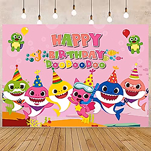 Pink Shark Baby Backdrop and Tablecloth,5x3ft Polyester Shark Photography Background Undersea World Shark Table Cover 70.8x42.5 Inch for Girls Birthday Decorations
