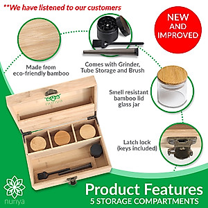 Improved. Nunya Large Storage Box for Herbs with Accessories, a Storage Container with Accessories, 5 pc kit w/ 3 Glass Jars and Rolling Tray