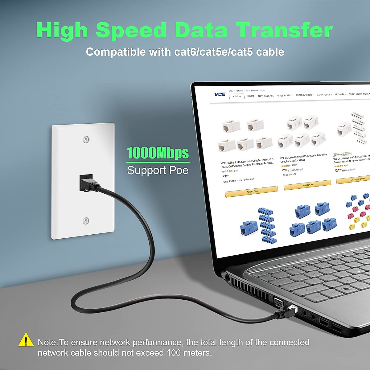 VCE CAT6 Keystone Coupler UL Listed 15-Pack, RJ45 Female to Female Insert Coupler UTP Ethernet Inline Coupler Blue+Red+Yellow