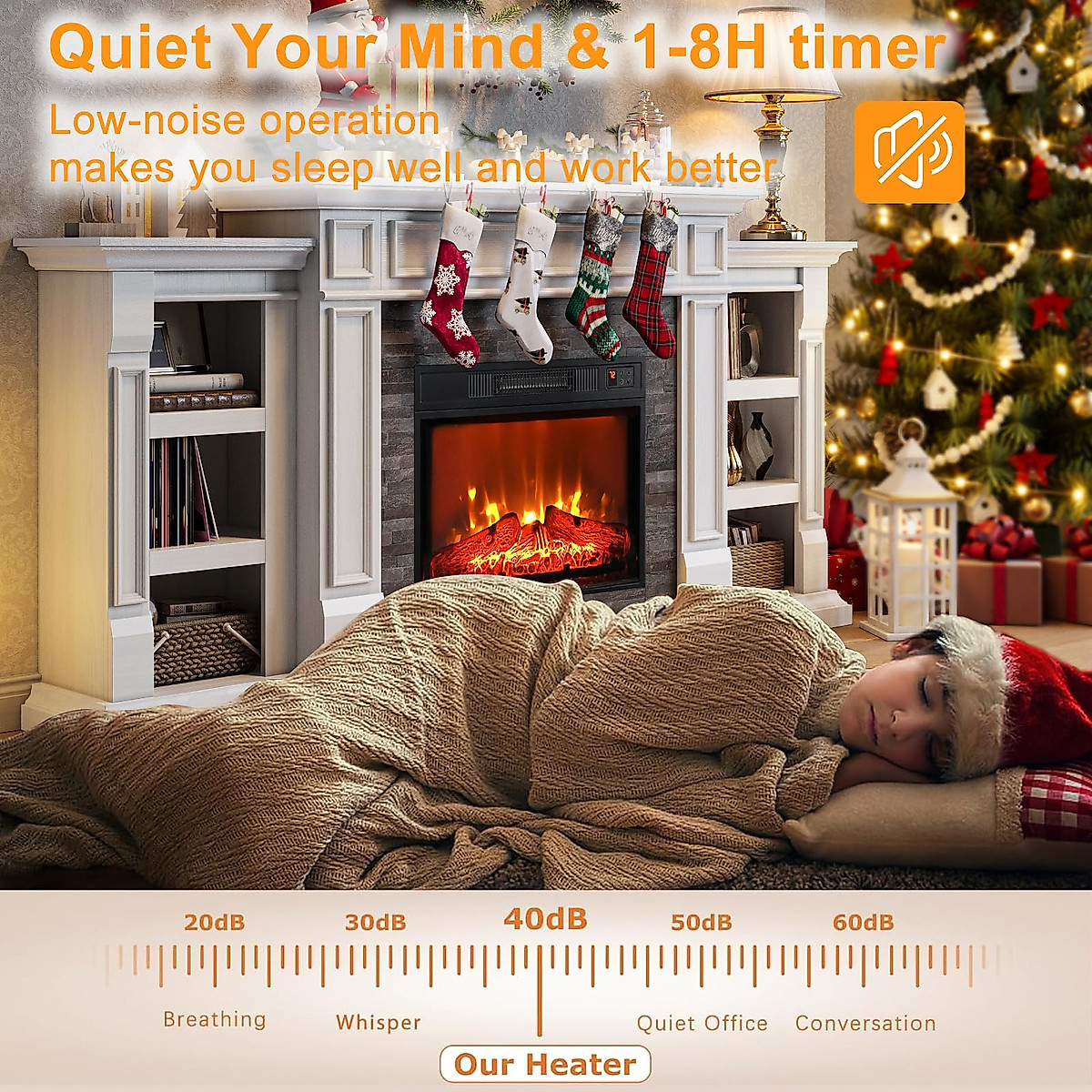 Naice 70" Electric Fireplace with Mantel and Cabinets, Fireplace TV Stand for Living Room Bedroom, Stacked Stone Surround and Remote Control 3D Realistic Flame, White