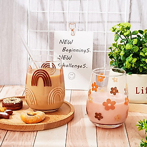 Whaline 3Pcs Groovy Retro Hippie Flower Beer Glass Can Boho Stemless Wine Glasses Rainbow Daisy Flower Face Wine Glasses Thank You Gifts Tumbler Cups for Holiday Party Supplies Decorations, 17oz