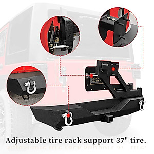 LEDKINGDOMUS Front& Rear Bumper with Tire Carrier Compatible with 07-18 Jeep Wrangler JK JKU Rubicon Sahara Sports Model w/ 2x 60W Fog Light, Winch Plate and D-rings Offroad Rock Crawler Bumper