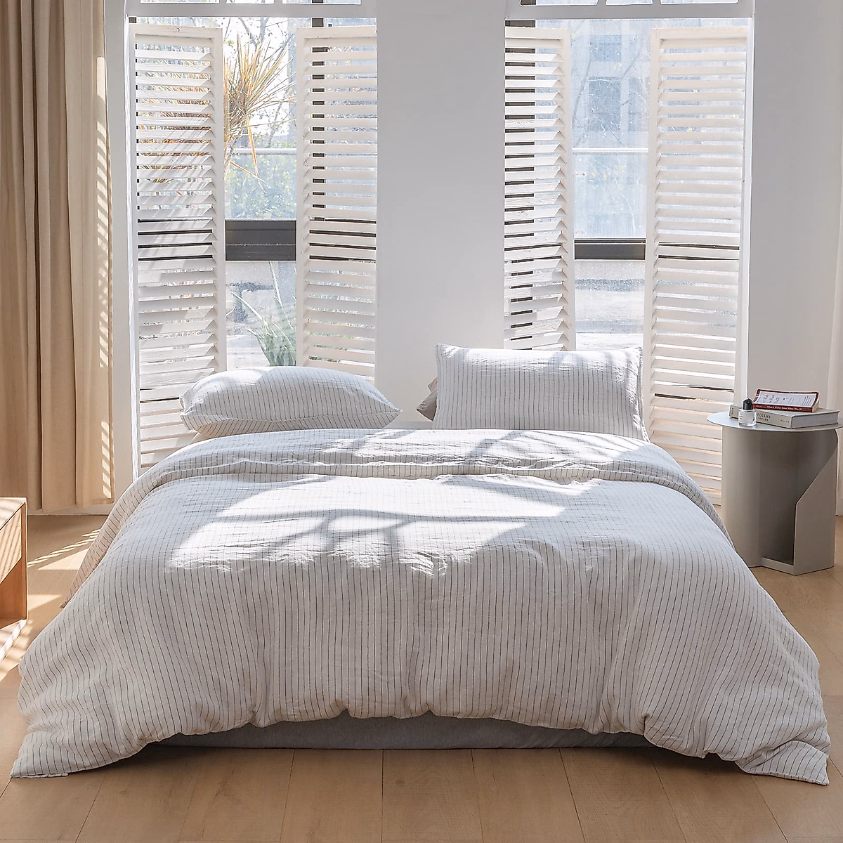 Simple&Opulence 100% Linen Duvet Cover Set 3pcs Yarn Dyed Vertical Pinstripe Ticking Pattern Natural French Washed Flax Breathable Farmhouse Bedding - Grey Stripe, King Size