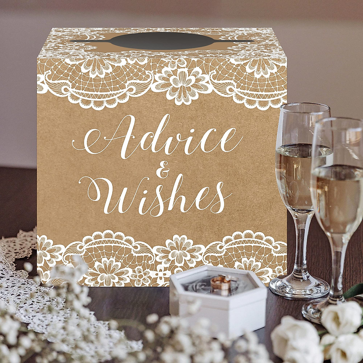Advice and Wishes Box for Bridal Shower, Newlyweds Advice Box with Cards, 50 Pieces Advice Cards with Holder Box for Bridal Shower, Meaningful Wedding Party Activit- Lace-23