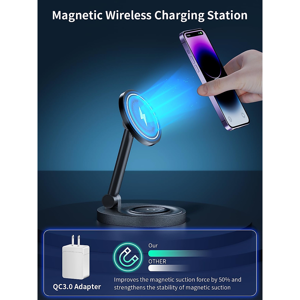 2 in 1 Foldable Magnetic Wireless Charger, 15W Fast Charging Mag-Safe Charger Stand for iPhone 15/14/13/12 Series, Portable Wireless Charging Station for AirPods 3/Pro/2 (with QC3.0 Adapter)