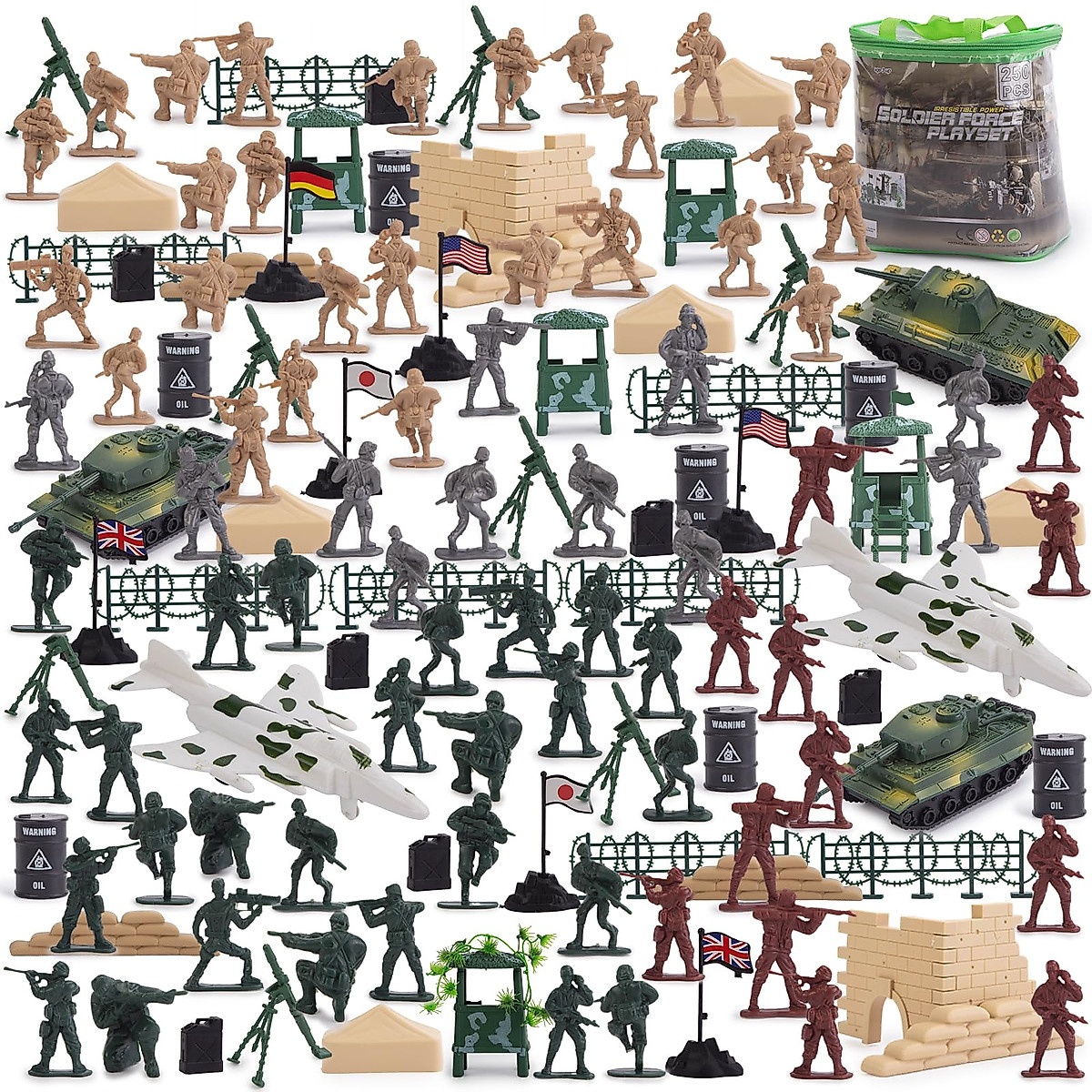 3 otters 250PCS Army Men Military Set, Military Figures and Accessories with Hand Bag World War II Army Men Toys for Boys