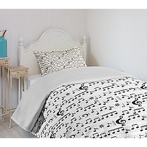 Ambesonne Music Bedspread, Abstract Style Professional Music Pattern with Notes and Clef Sheet Play Writing, Decorative Quilted 2 Piece Coverlet Set with Pillow Sham, Twin Size, White Dark Grey