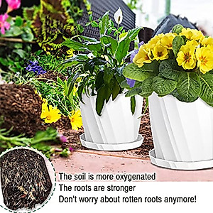 8 Inch Plastic Flower Pots Set 5 Pack with Drainage Holes and Saucers, Tray. Large Planters for Indoor Plants, House, Outdoor Plants, Orchid. Unique Decorative Planting Pots, White