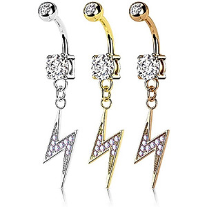 Lightning Bolt Paved with AB CZ Dangle 316L Surgical Steel Jeweled Belly Button Ring (Rose Gold)