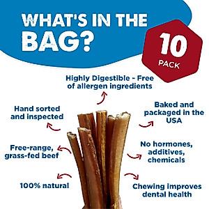 Best Bully Sticks 12 Inch All-Natural USA-Baked Bully Sticks for Dogs - 12” Easily digestible, 100% Grass-Fed Beef, Grain and Rawhide Free | 10 Pack