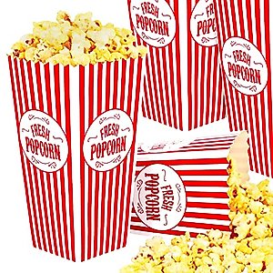 [50 Pack] Movie Theater Popcorn Boxes Disposable Red & White Striped - 46 oz Capacity - Vintage Snack Box Concession and Carnival Party Supplies, Individual Popcorn Bucket Containers