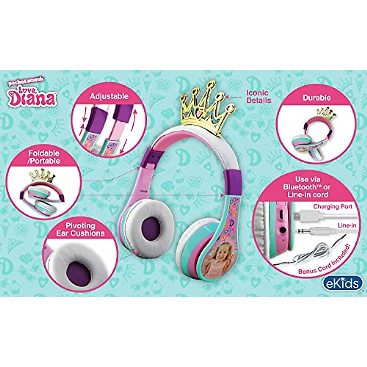 eKids Love Diana Kids Bluetooth Headphones, Wireless Headphones with Microphone Includes Aux Cord, Volume Reduced Kids Foldable Headphones for School, Home, or Travel