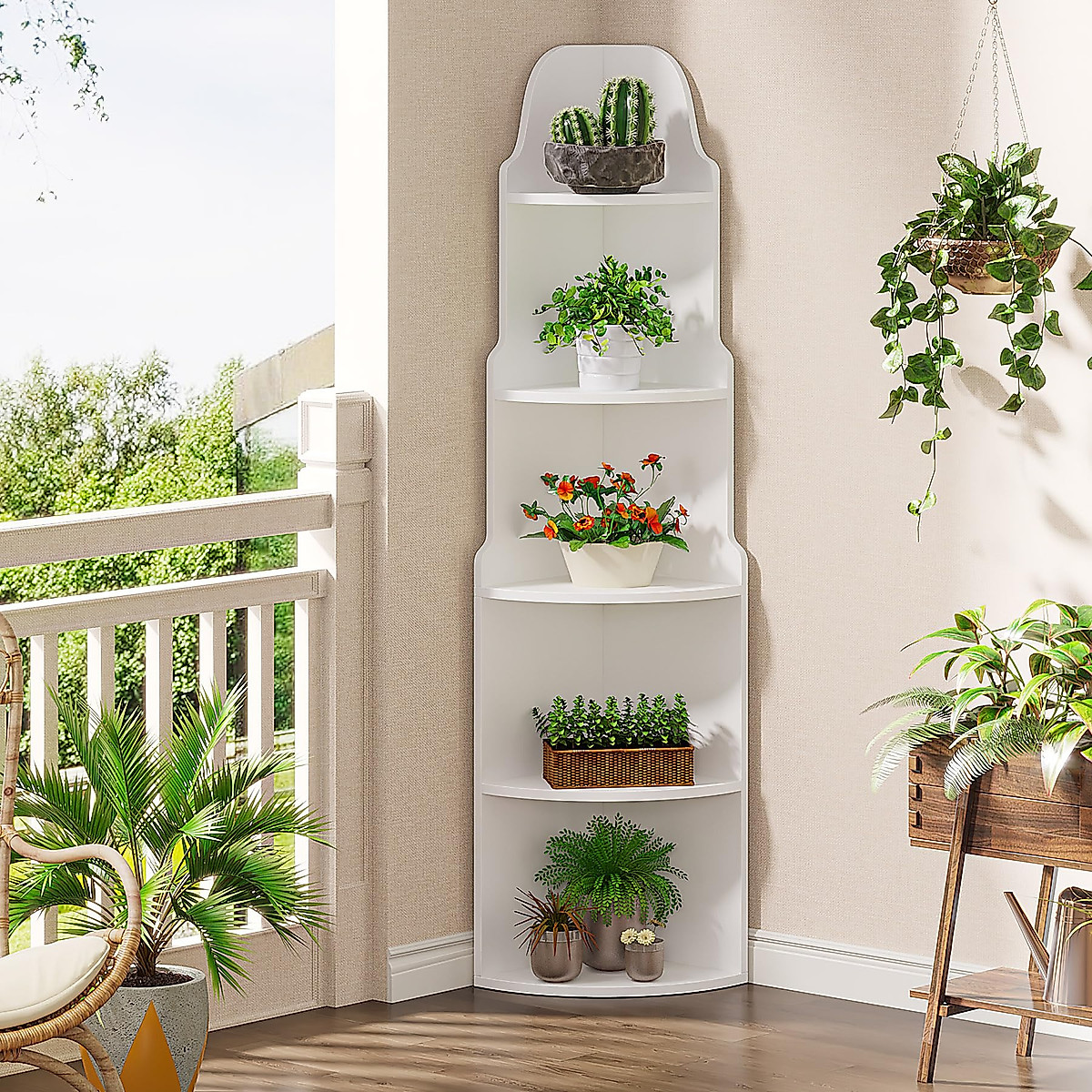 Tribesigns 69" White Corner Shelf, 5-Tier Modern Corner Bookshelf, Small Bookcase Plant Stand Storage Rack with Tower Shape for Living Room, Home Office, Kitchen