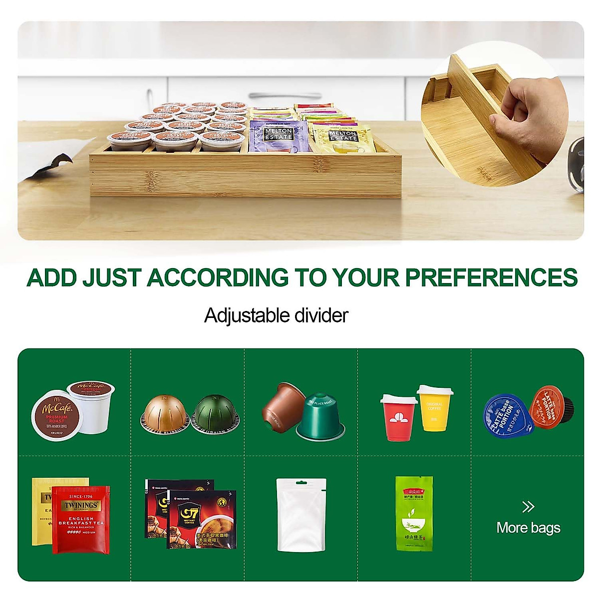 Bayting Bamboo K Cup Holder, Coffee Pod and Tea Bag Organizer for Drawer or Countertop, Adjustable K Cup or Tea Bag Organizer for Coffee Station, Up to 30 K Cups