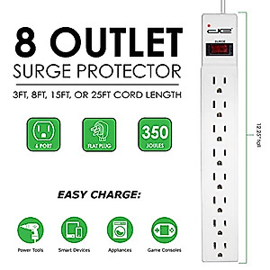 Digital Energy 8 Outlet Surge Protector Power Strip Power Strip - 15 AMP, 1875 W, 125 V, 350 J Surge Protection, ETL Listed - Flat Plug, White, 3 FT