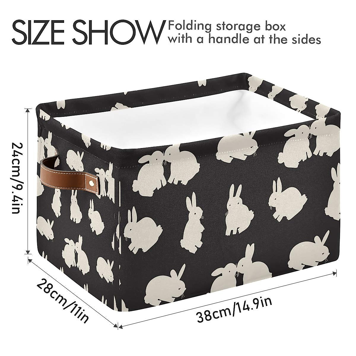 HMZXZ Cute Rabbit Bunny Canvas Fabric Storage Basket Collapsible Toys Storage Bin with PU Leather Handles Basket Box Organizer for Wardrobe Closet Shelves Organiser