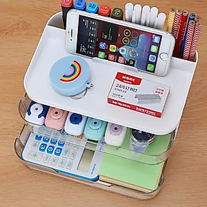 LETURE Desk Organizer with 2 Drawer, Plastic Desktop Storage Organizer Pencil Card Holder Box Container for Desk, Office School Home Supplies, Vanity Table (White)