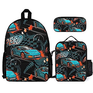 DamTma Cartoon Grunge Car Backpack Set 3 Piece Bookbags Lunchbox Pencil Case Laptop Backpack Travel Backpack 3pcs Backpack
