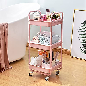 TOOLF 3-Tier Storage Rolling Cart, Kitchen Utility Cart with Wheels, Plastic Organizer Cart Rolling Trolley Shelving Unit, Storage Rack, Fruit Vegetable Rack