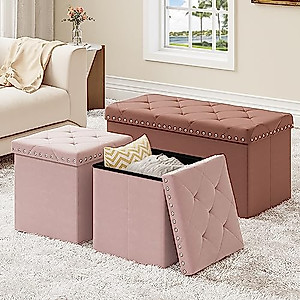 YITAHOME Velvet Tufted Storage Ottoman Bench with Stylish Rivets, for Bedroom Living Room Dressing Room for Multipurpose use (Set of 3, Pink)