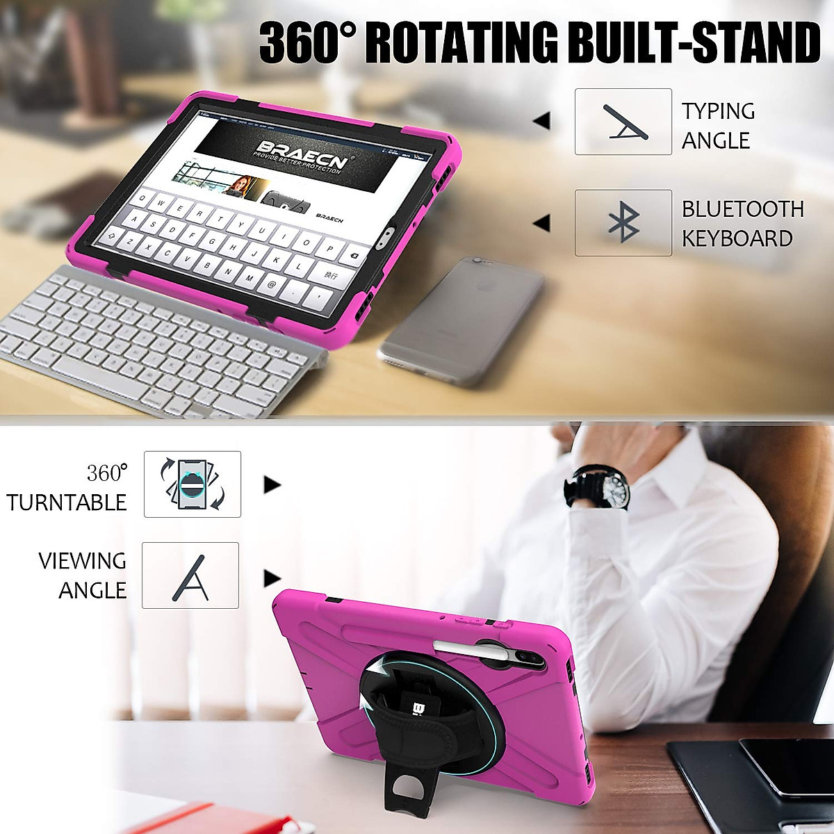 BRAECN for Galaxy Tab S6 10.5 2019 Case T860,Heavy Duty Shockproof Rugged Case with Hand Strap/360 Rotating Stand and Shoulder Strap for Samsung Tab S6 SM-T860/T865/T867 2019 (Rose Red)