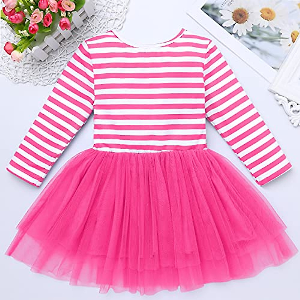 Baby Girls Shinny Stripe Long Sleeve Printed Princess Casual Birthday Tutu Tulle Dress Hot Pink Crown(Two Years)