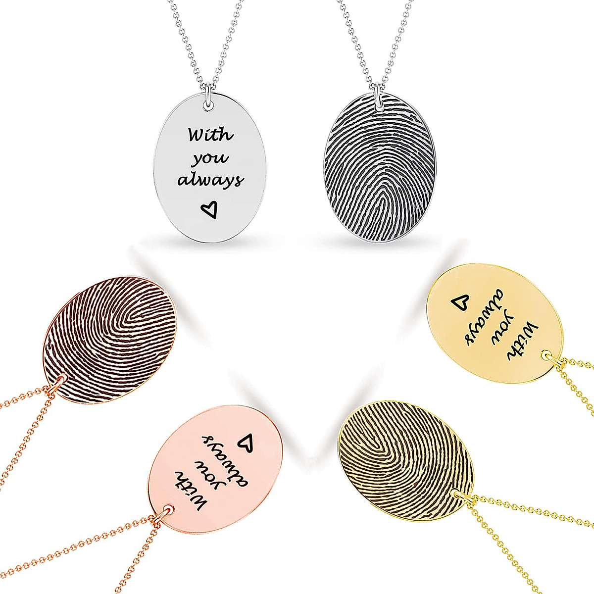 LeCalla Personalized Memorial Thumbprint Necklace Engraved Oval Pendant Custom Message with Fingerprint For Women and Teen Girls
