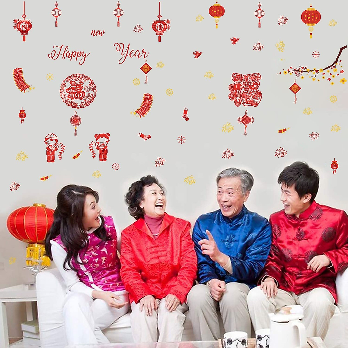 IARTTOP Chinese New Year Wall Decal, Spring Festival Wall Sticker, Fu Character Lantern Fireworks Red Sticker for Window Cling Living Room Decor,Happy New Year Supplies