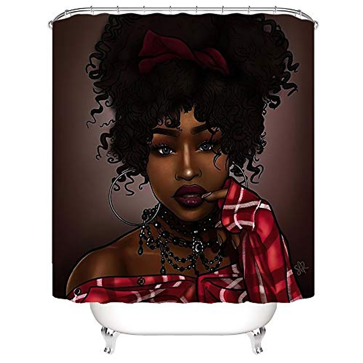 African Black Girl Shower Curtains Sets for Bathroom,4 Pcs American Afro Women Bath Decor with Washable Toilet Lid Cover, Non-Slip Rugs, Absorbent Bath Mats and Waterproof Shower Curtain with Hooks