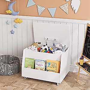 URKNO Kids Toy Box, Wooden Toy Storage Chest with Safety Hinges Lid for Girls Boys, Toy Storage Organizer Bench with Bookshelf for Toddler Room, Nursery, Bedroom, Playroom, Living Room, White