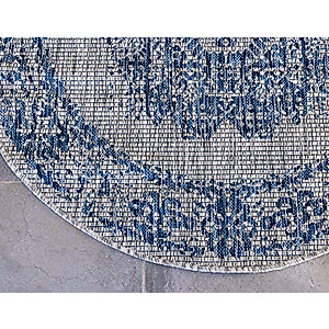Unique Loom Outdoor Traditional Collection Area Rug - Timeworn (5' 3" Round, Blue/ Gray)