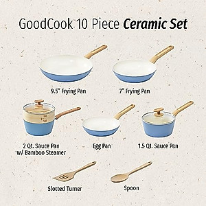 GoodCook 10-Piece Healthy Ceramic Titanium-Infused Cookware Set with Pots, Pans, Steamer, Spoon, and Turner, Nonstick Pots and Pans Set for Kitchen, Light Blue