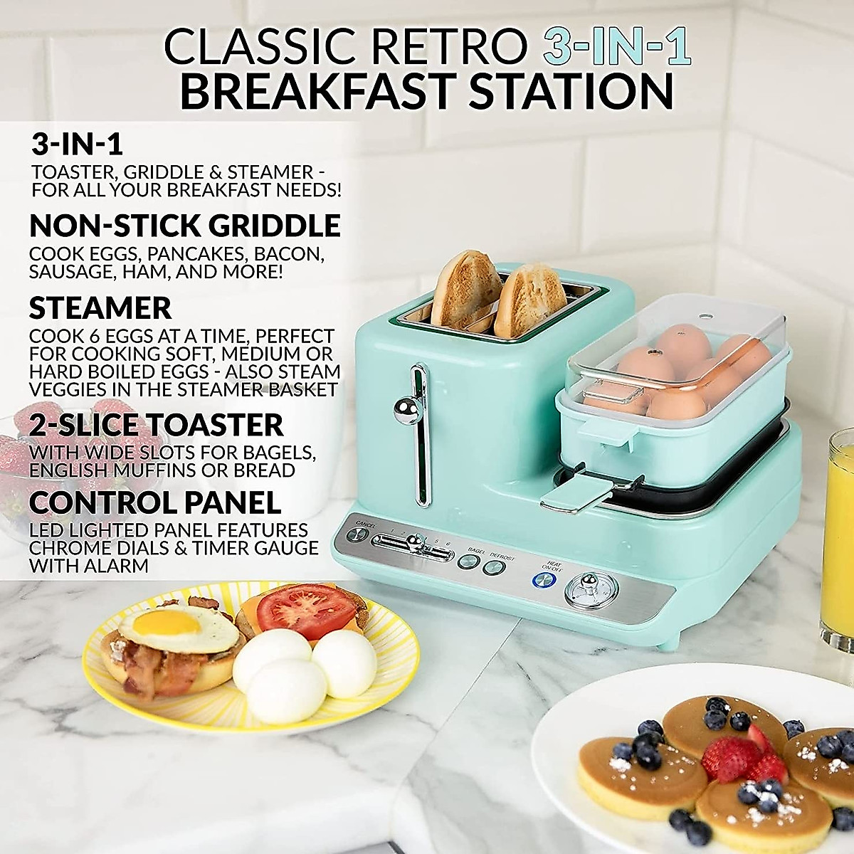 MONIK Classic Retro 3 in 1 Breakfast Station, 2 Wide Slot Toaster with Adjustable Bake Controls, 6 Capacity Egg Boiler