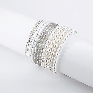 COLORFUL BLING Women Multilayer Temperament Imitated Pearl Stackable Strand Bracelets Beaded Seed Heart Rhinestone Crystal Stretch Bracelet Wedding Wrist Jewelry-multi white