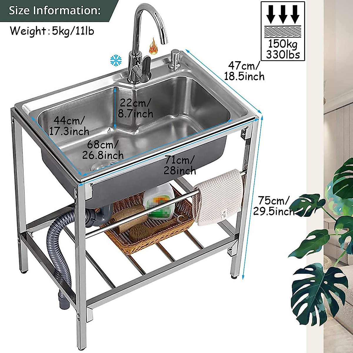 Commercial Restaurant Sink Set Free Standing Stainless-Steel Single Bowl w/Faucet,Utility Washing Hand Basin w/Storage Shelve, laundry tub for Indoor Outdoor L26.7"x H33.46"xW17.3"