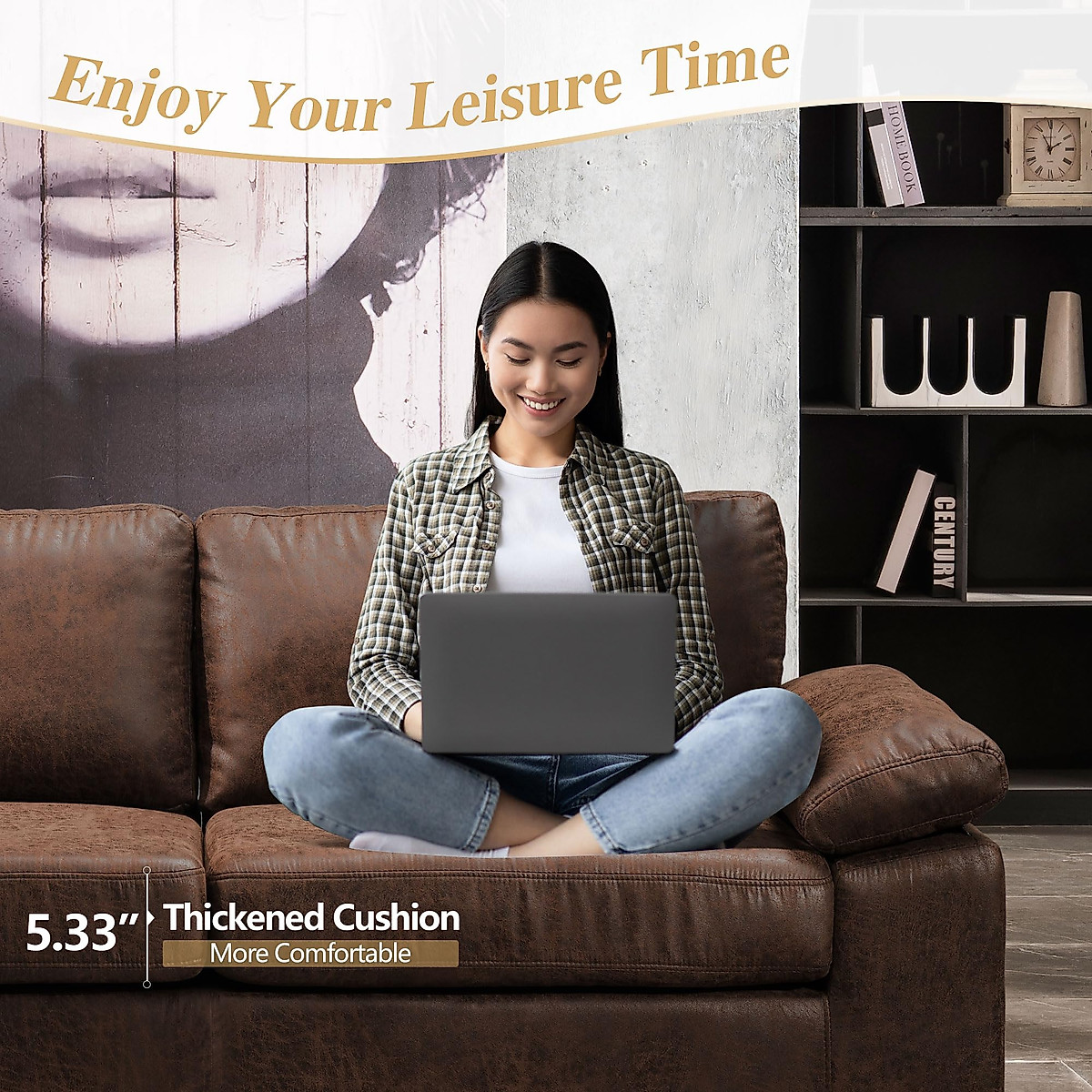 XIZZI 100" Mid Century Modern Sectional Sofa Couch,L Shaped Suede Fabric Couch for Living Room,Comfy 3 Seat Reversible Chaise Corner Couch for Apartment Office (Dark Brown)