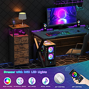 Furnulem Dresser for Bedroom, Tall Nightstand, Vertical Chest with Wood Top, Charging Station, LED Lights, 5 Fabric Bins, Bedside Table with Shelf, Furniture for Entryway (5 Drawer, Rustic Brown)