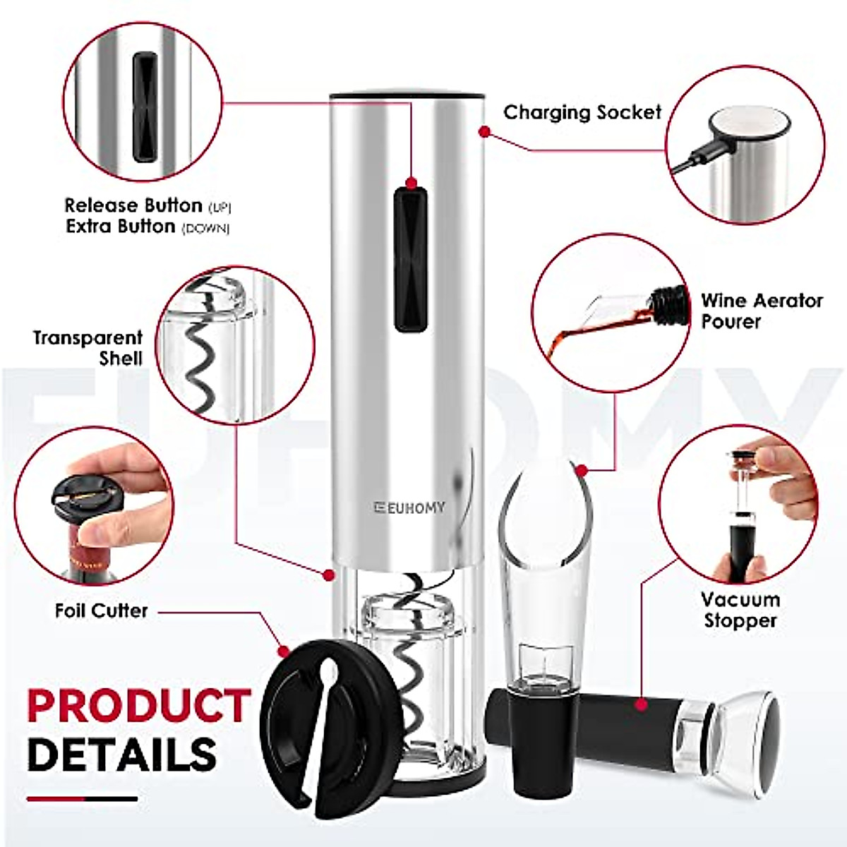 EUHOMY Electric Wine Opener with USB Charging,Reusable Stainless Steel Cordless Electric Wine Bottle Opener SET with 2-in-1 Aerator &Pourer, Foil Cutter, Vacuum Preservation Stoppers