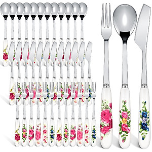 Dandat 72 Pcs Dessert Silverware Set Tea Party Stainless Steel Dinner Flatware Bulk Wedding Dessert Spoons Knives Forks with Ceramic Handle for Spring Coffee Salad Cake Tea Party Gifts, Service for 24