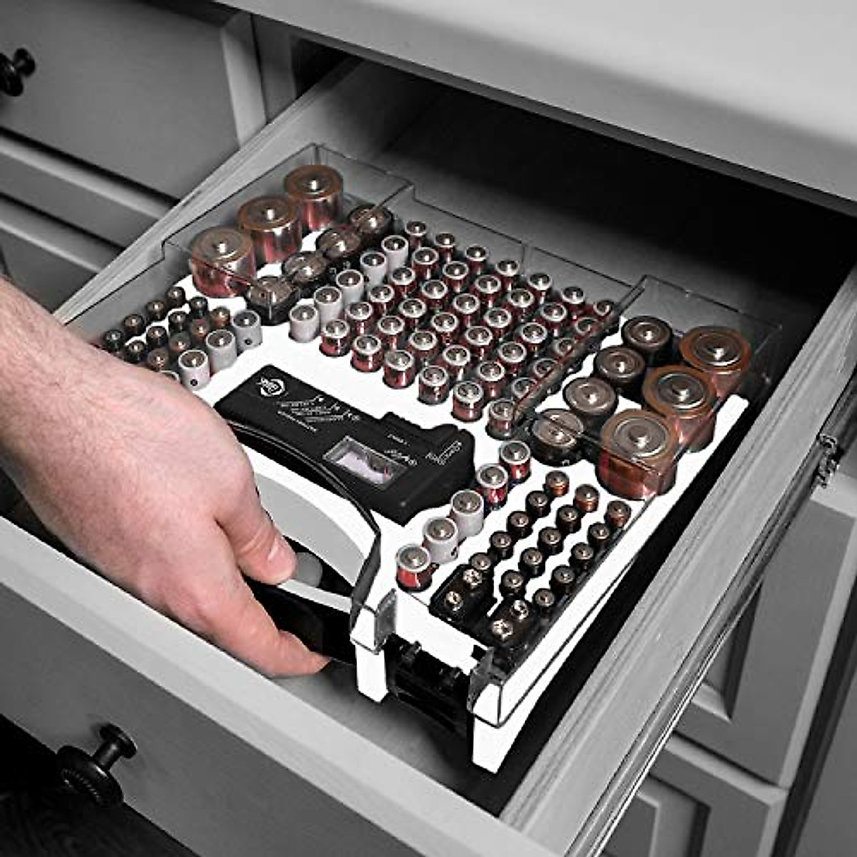 Battery Pro Organizer and Battery Tester, Wall-Mount Battery Storage Case, Holds 100 Assorted AA, AAA, C, 9-Volt, CR123, CR1632, and Button Cell Batteries, (White)