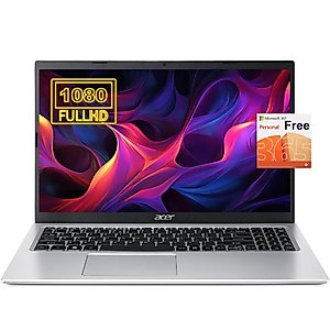 acer Aspire Slim Laptop, 15.6" Full HD Display, Intel Celeron N4500 Processor, 8GB DDR4 Memory, 384GB Storage, WiFi 5, Microsoft 365 1-Year Subscription, Windows 11 Home in S Mode，Silver, JVQ MP