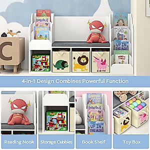 Jiansu furni,Kids Bookshelf with Reading Nook,Toy Storage Organizer with Seat Cushion,Kids Reading Nook with Bench for Playroom,Bedroom and Living Room,White